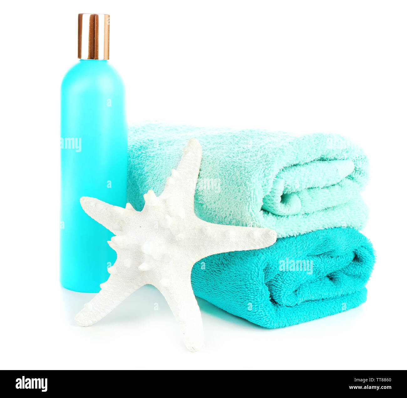 Towels shower gel on Cut Out Stock Images & Pictures - Alamy