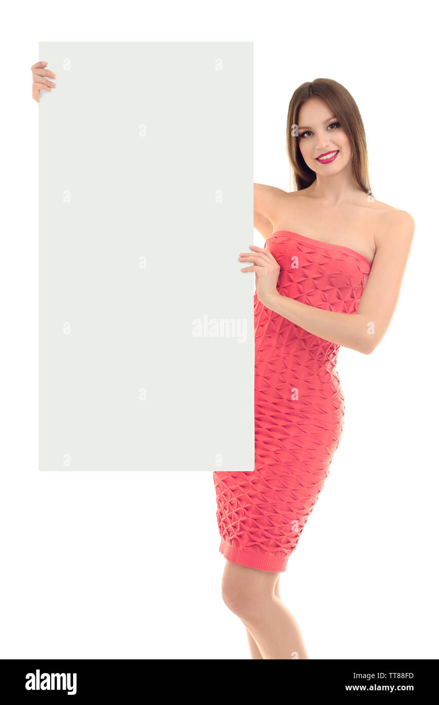 Beautiful model in dress with blank poster isolated on white Stock ...