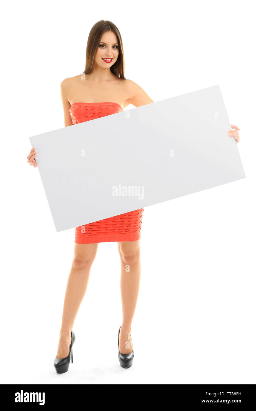 Beautiful model in dress with blank poster isolated on white Stock ...