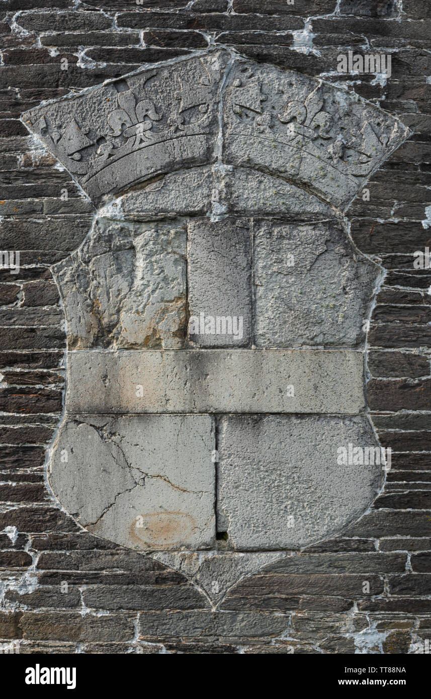 Detail of eroded Henry VIII Royal crest on St Mawes castle, Cornwall ...