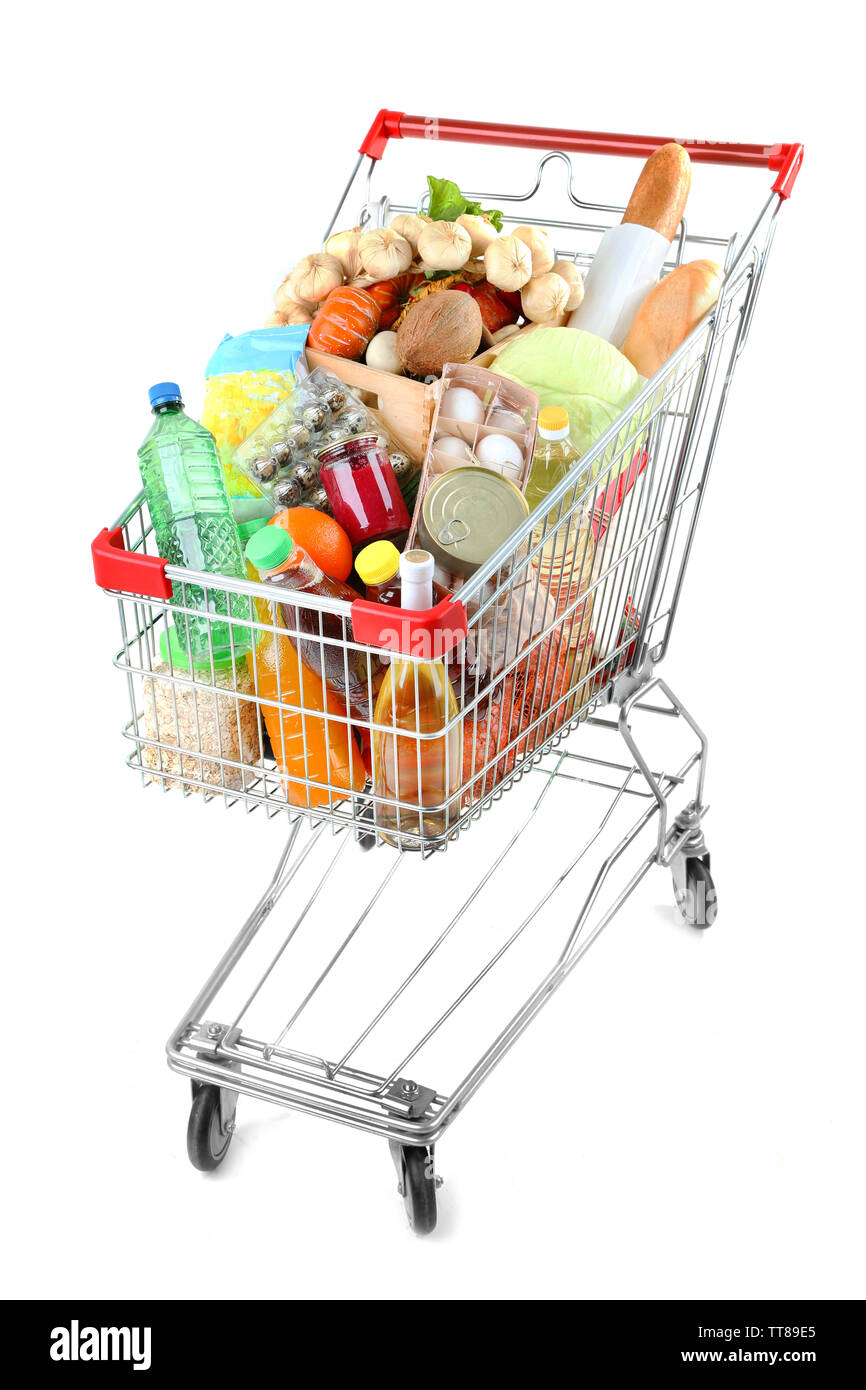 Shopping cart full with various groceries isolated on white Stock Photo ...