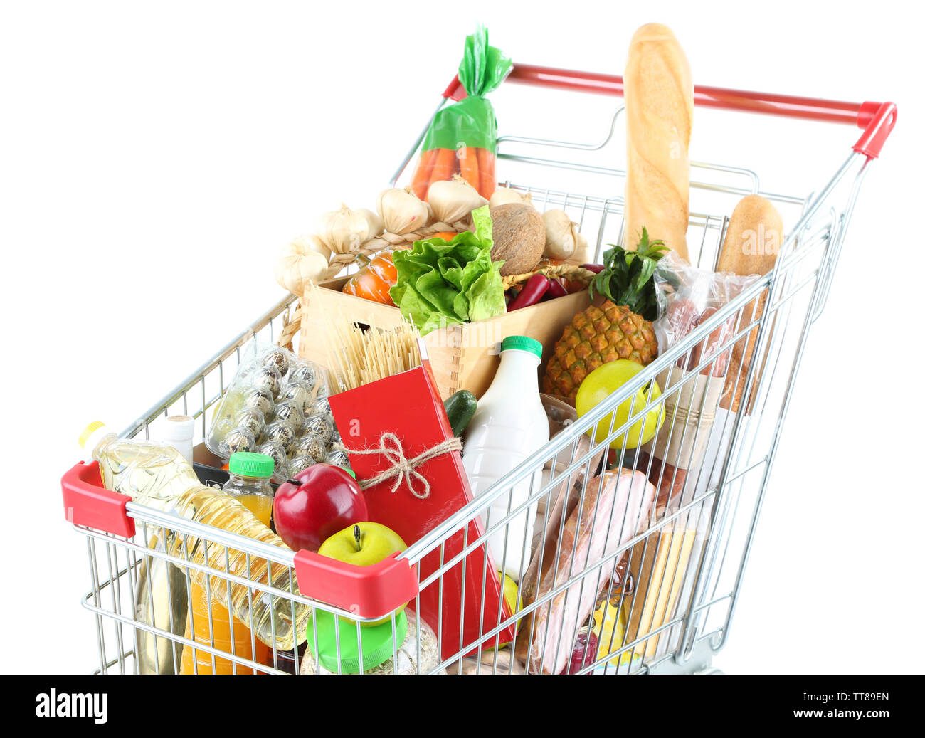Shopping cart full with various groceries isolated on white Stock Photo ...