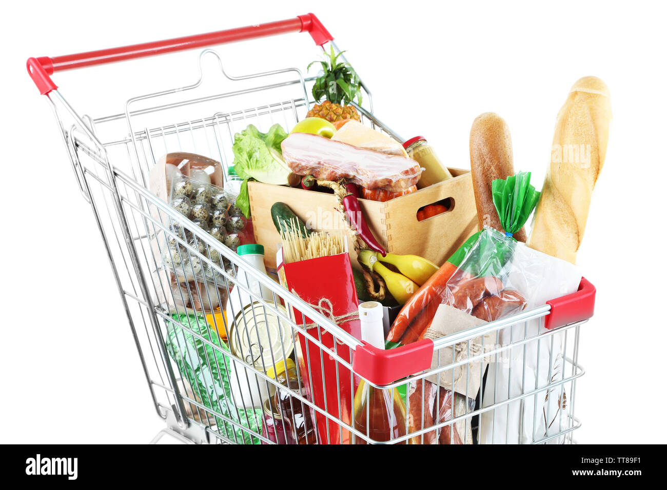 Shopping cart full with various groceries isolated on white Stock Photo ...