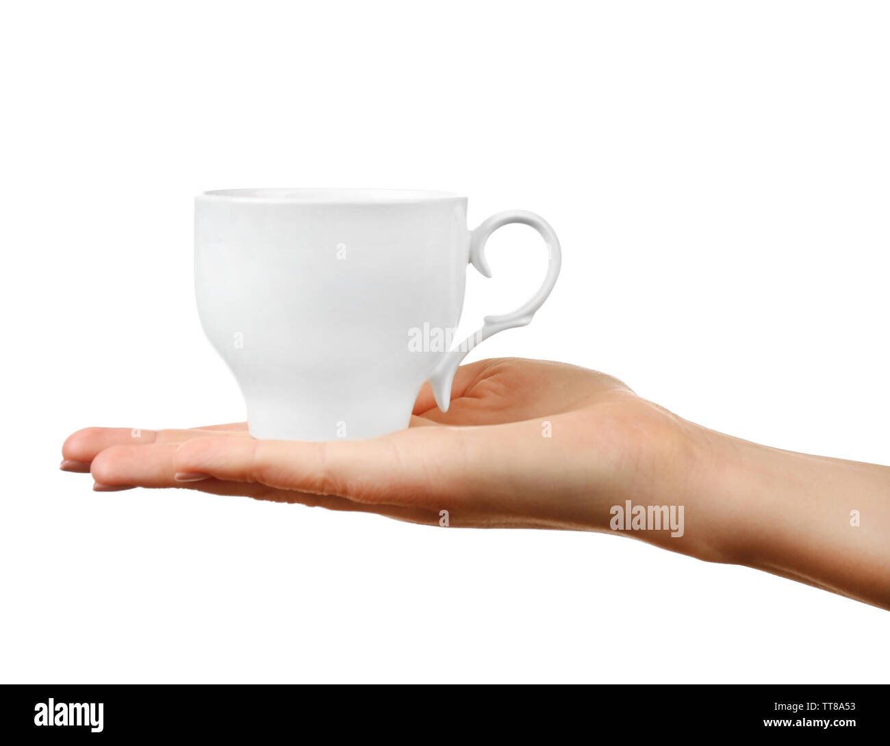 Female hand holding cup isolated on white Stock Photo - Alamy