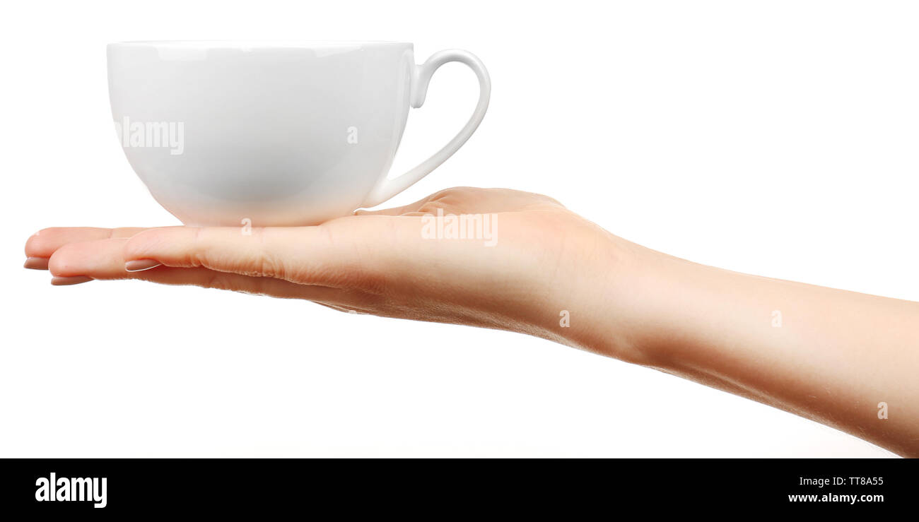 Female hand holding cup isolated on white Stock Photo - Alamy