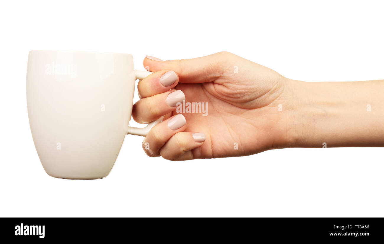 Female hand holding cup isolated on white Stock Photo - Alamy