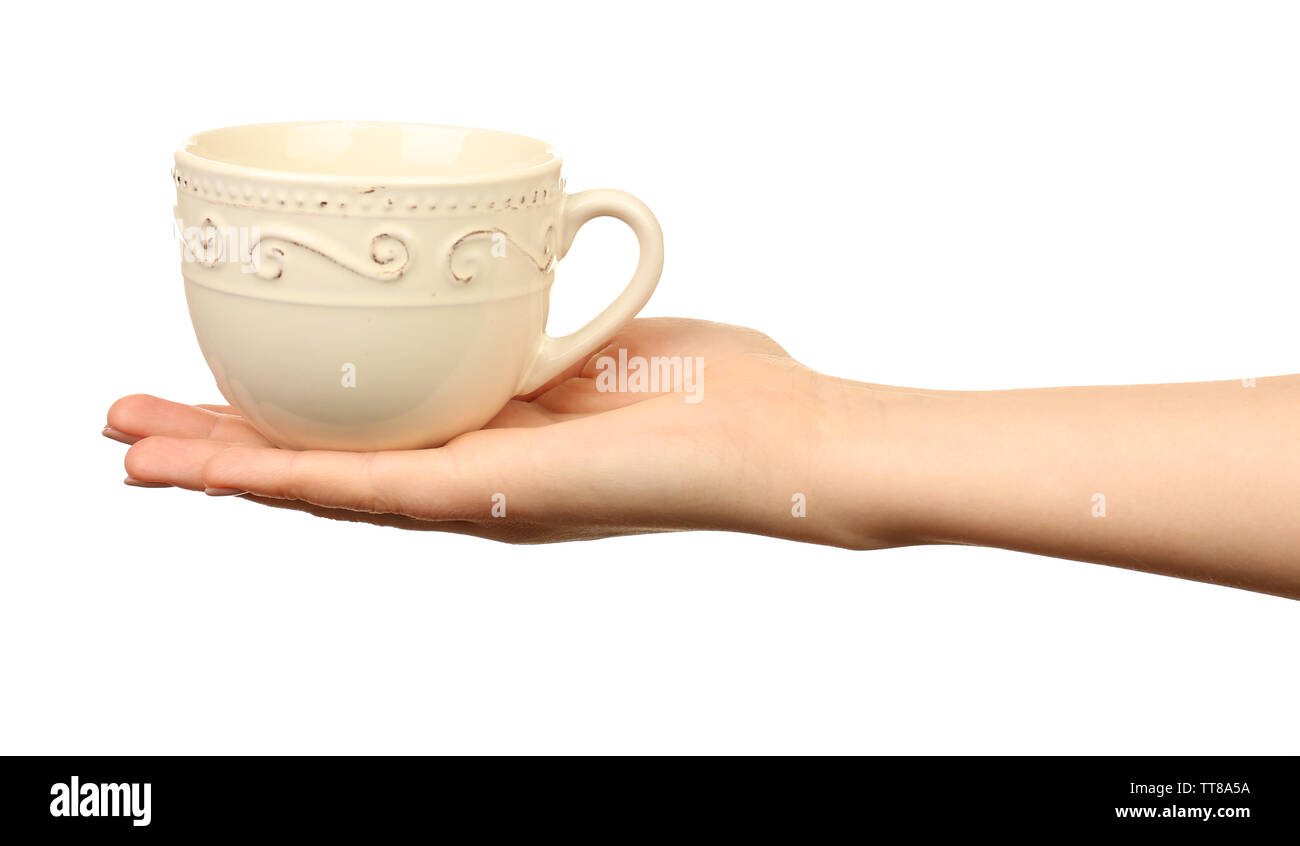 Female hand holding cup isolated on white Stock Photo - Alamy