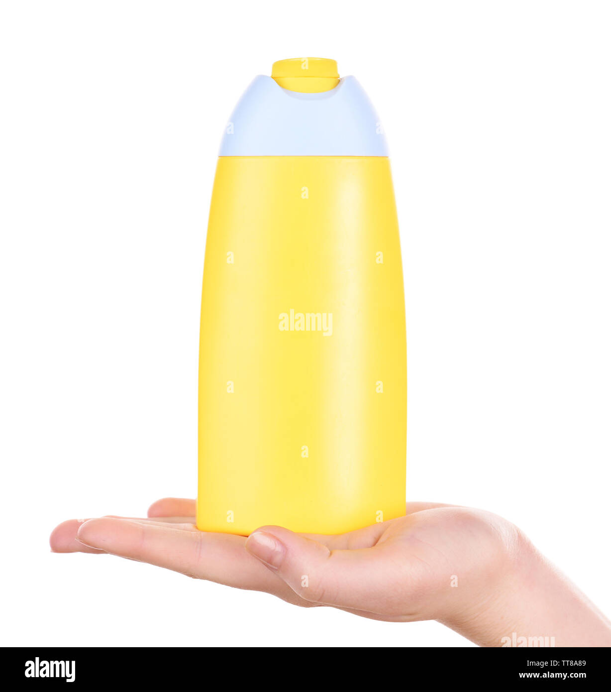 Bottle of suntan cream in female hand isolated on white Stock Photo - Alamy