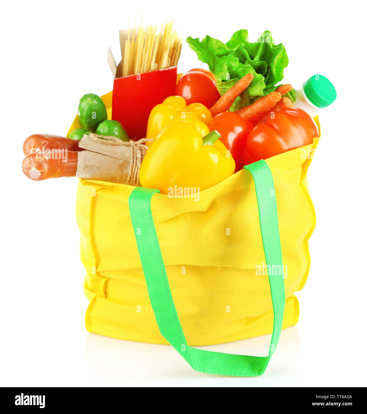 Shopping bag with set of products isolated on white background Stock ...