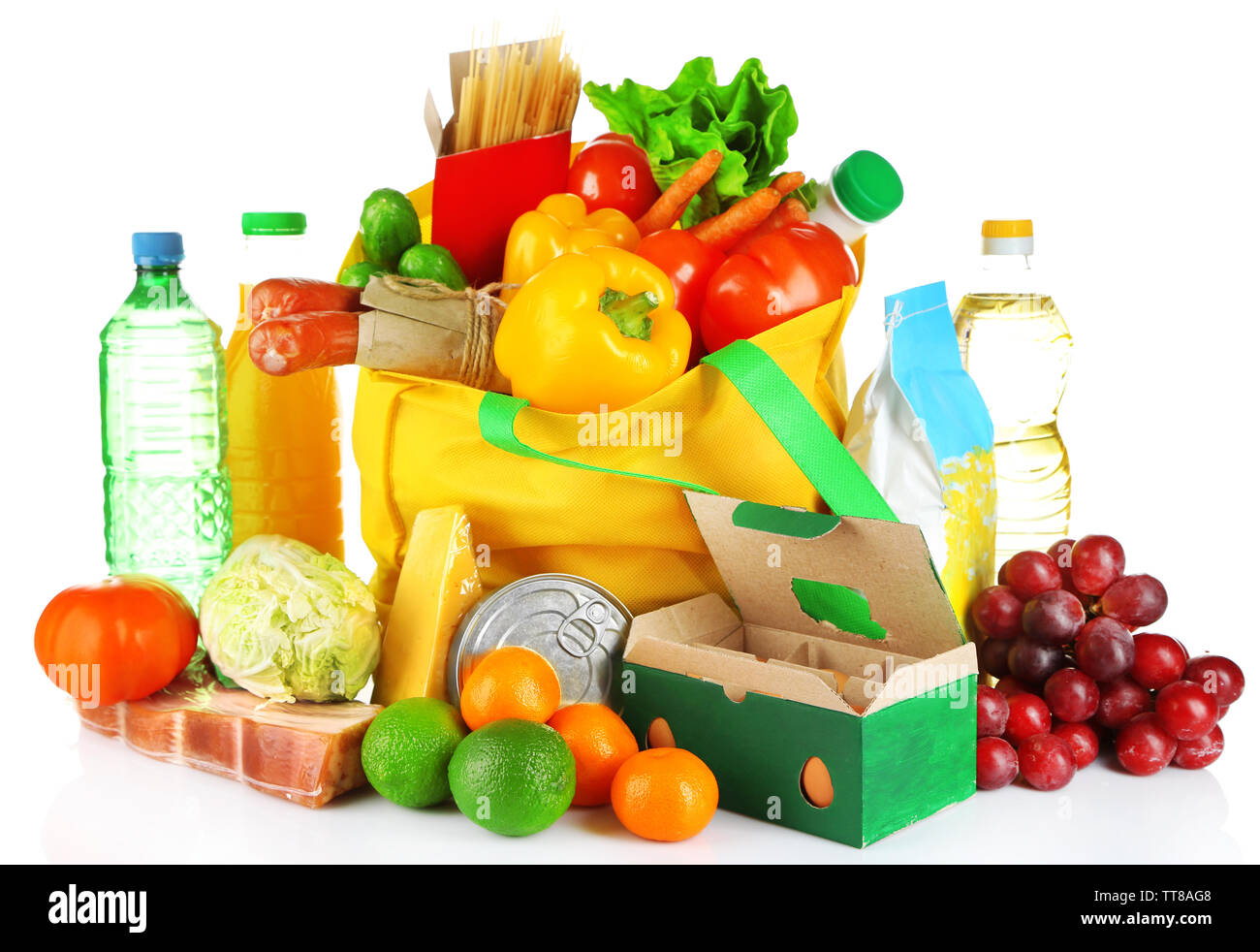 Shopping bag with set of products isolated on white background Stock ...