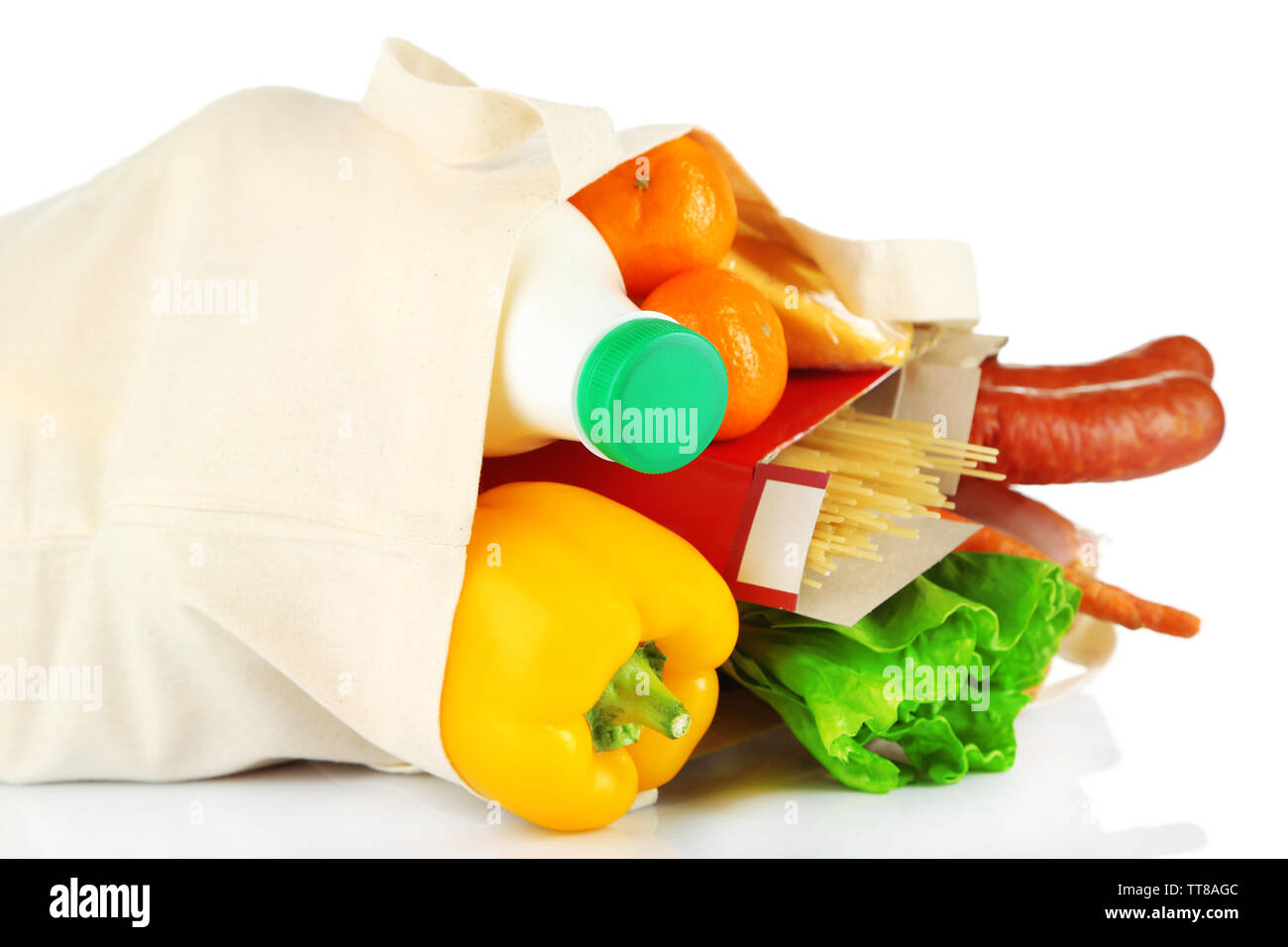 Shopping bag with set of products isolated on white background Stock ...