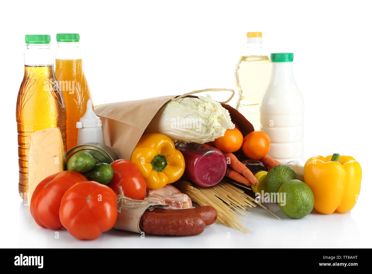 Shopping bag with set of products isolated on white background Stock ...