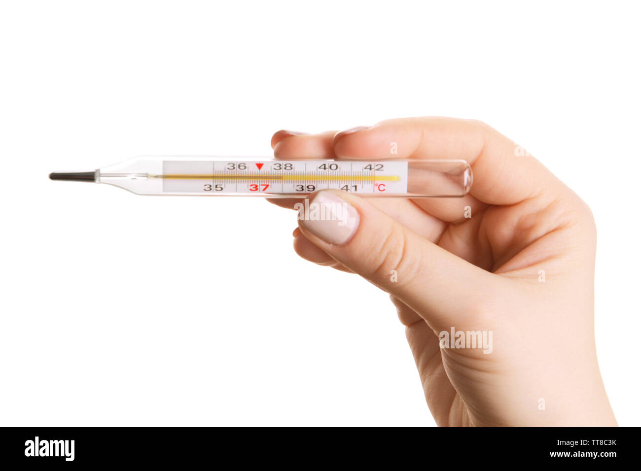 Female hand holding thermometer isolated on white Stock Photo - Alamy