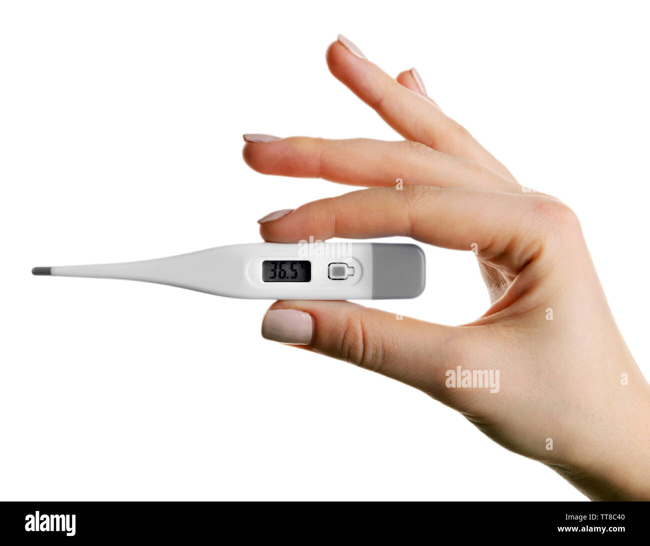 Female hand holding thermometer isolated on white Stock Photo - Alamy