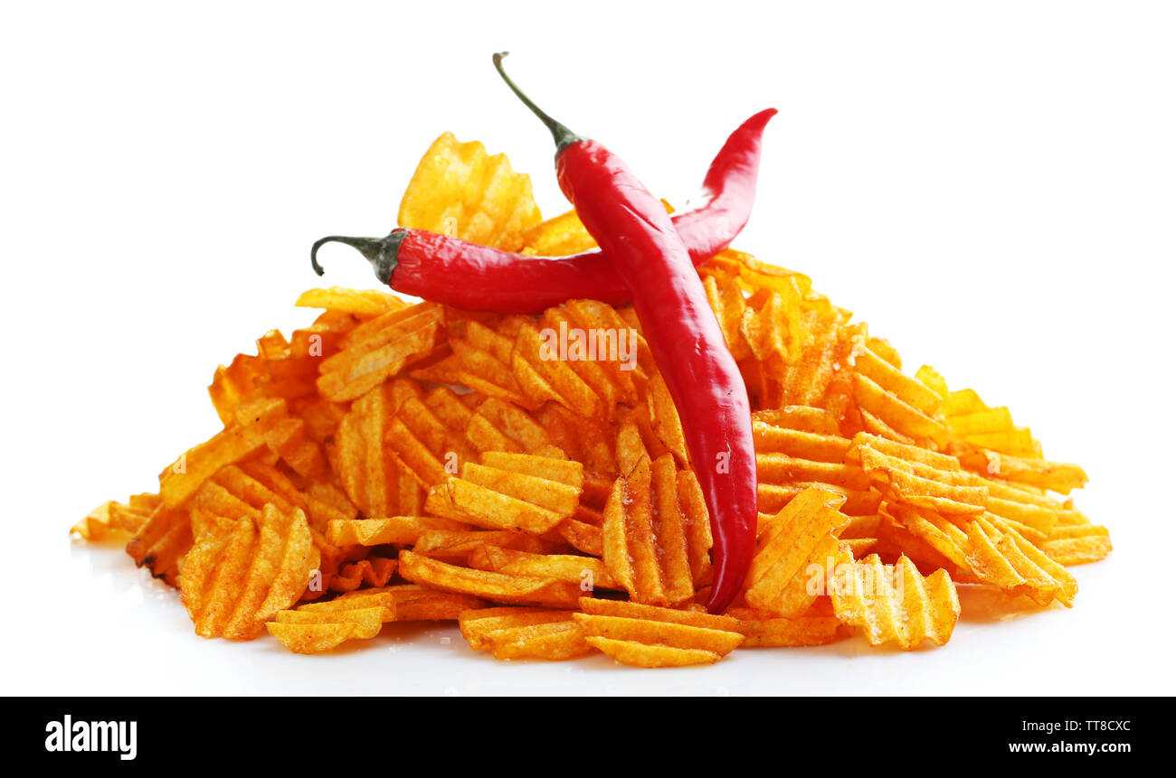 Delicious potato chips with chili pepper isolated on white Stock Photo ...
