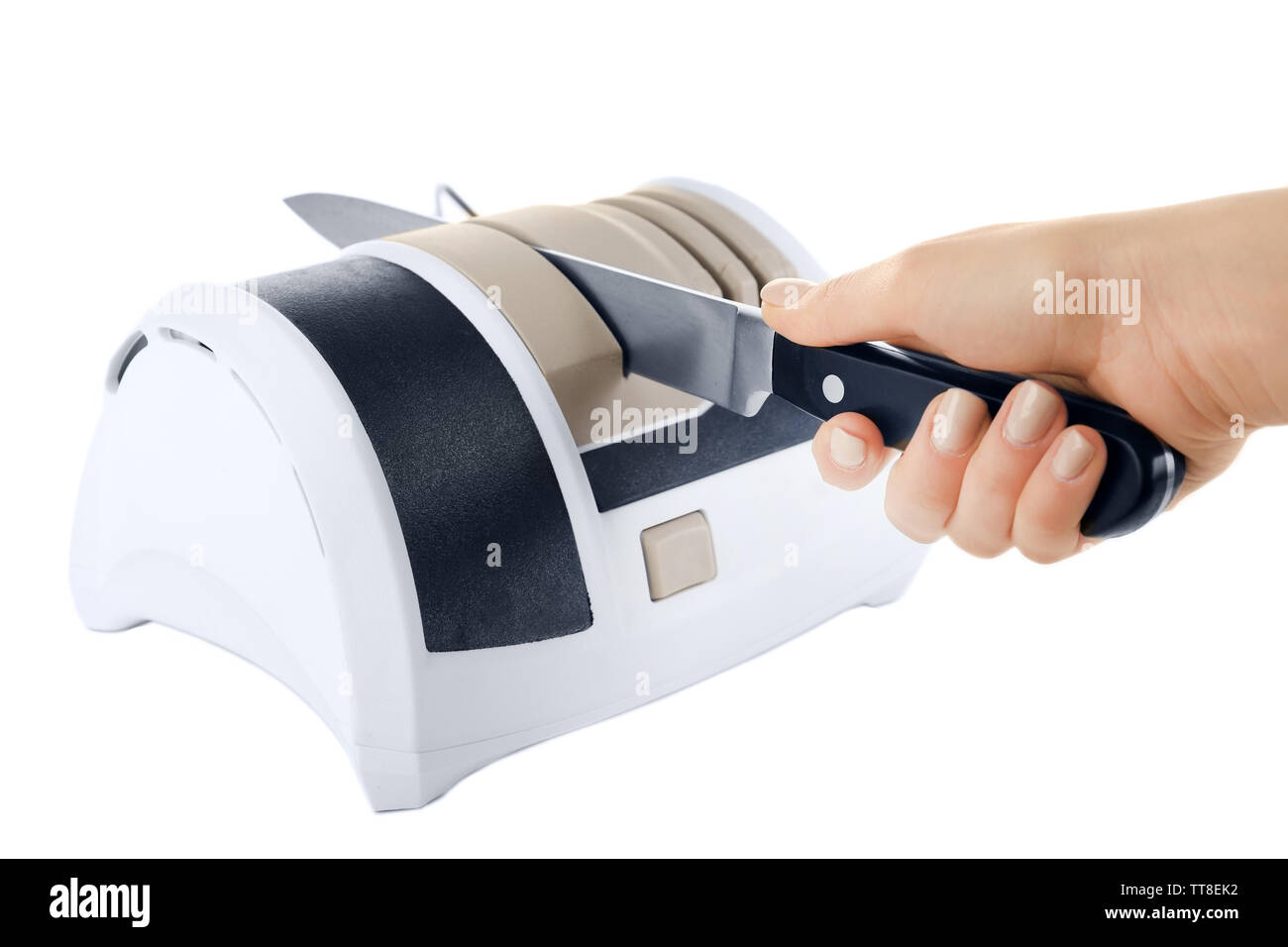 Sharpening knife process isolated on white Stock Photo - Alamy