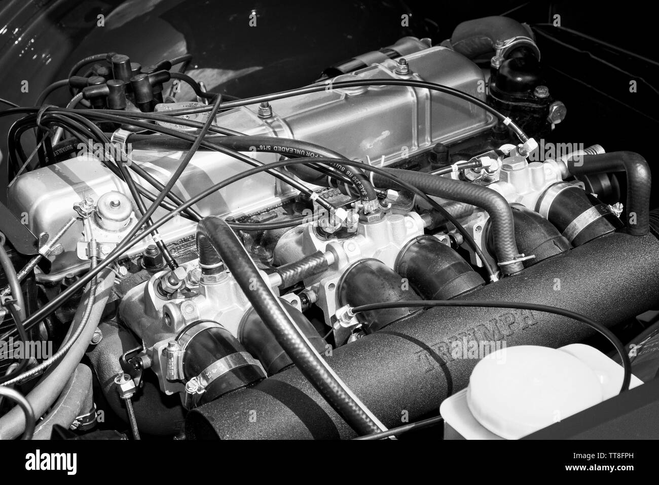 Detailed image of a classic vintage Triumph TR6 engine shwoing pipework ...