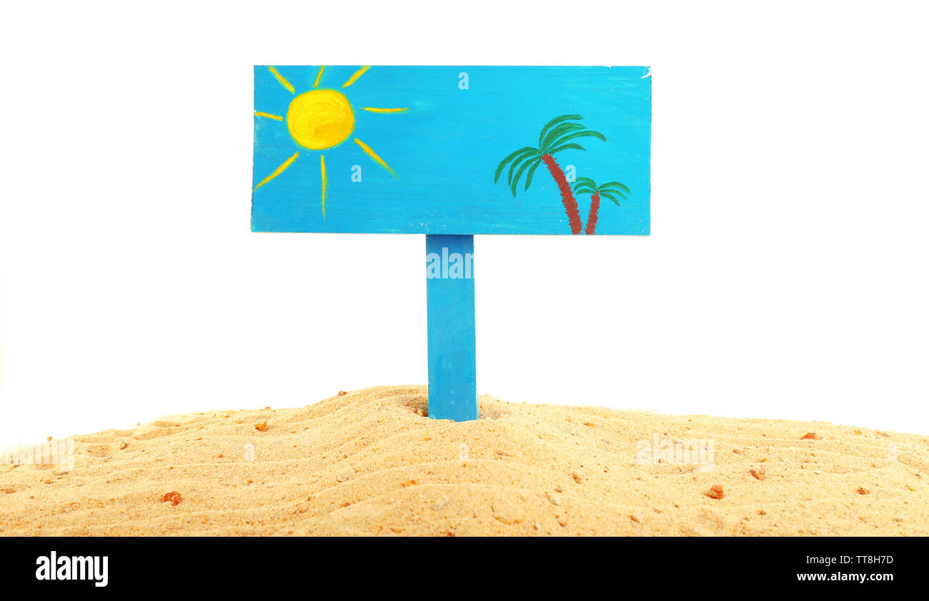 Wooden sign standing in sand isolated on white Stock Photo - Alamy