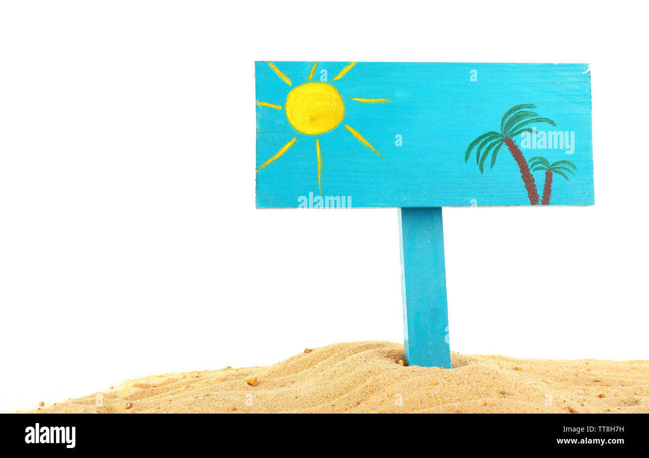 Wooden sign standing in sand isolated on white Stock Photo - Alamy
