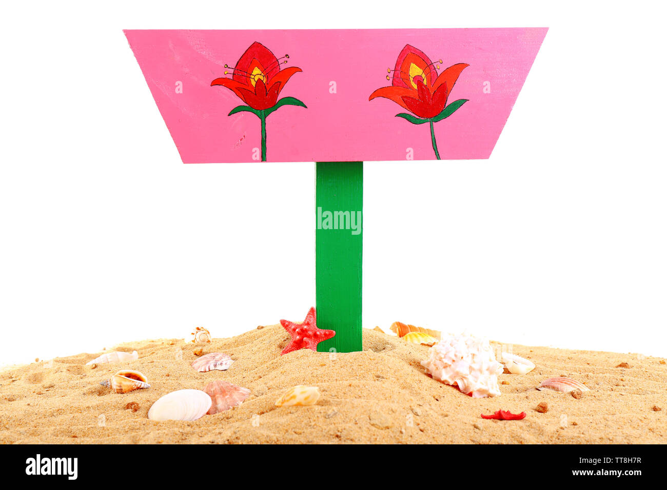 Wooden sign standing in sand isolated on white Stock Photo - Alamy