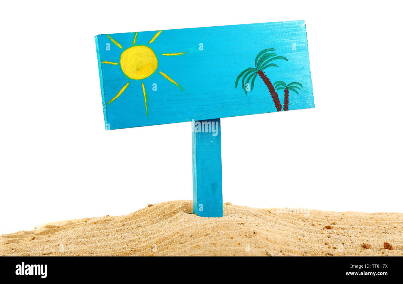 Wooden sign standing in sand isolated on white Stock Photo - Alamy