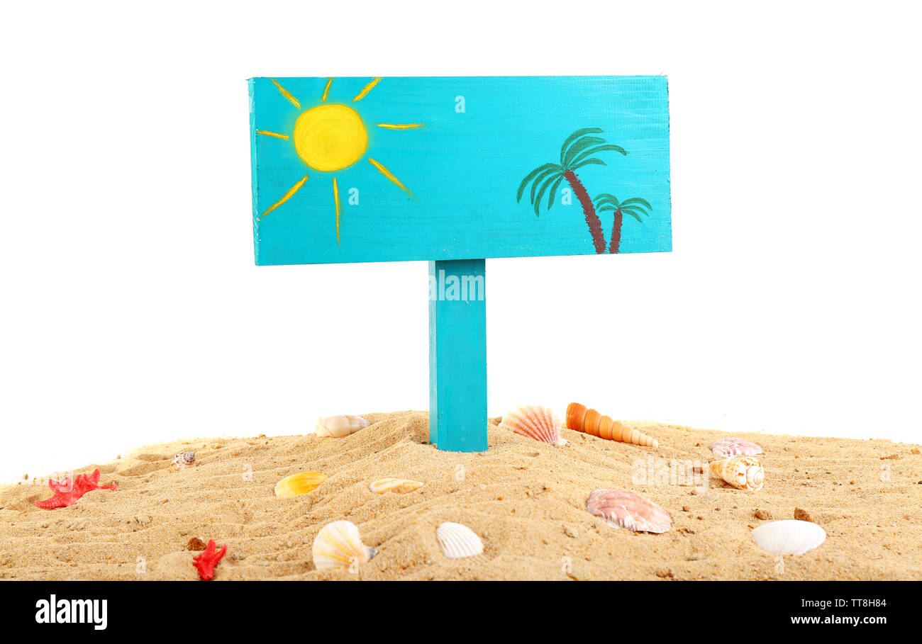 Wooden sign standing in sand isolated on white Stock Photo - Alamy