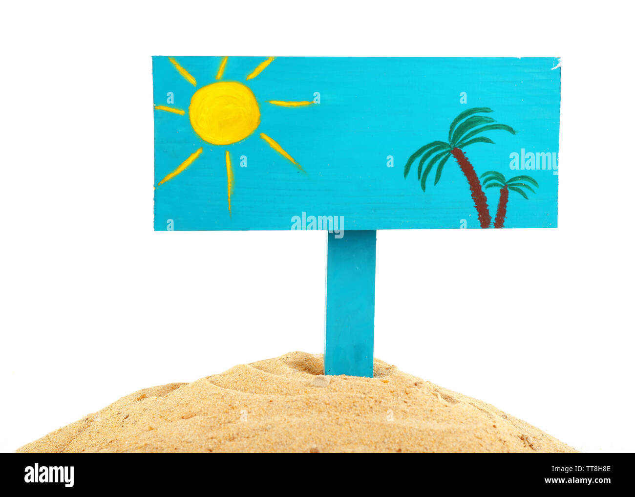 Wooden sign standing in sand isolated on white Stock Photo - Alamy