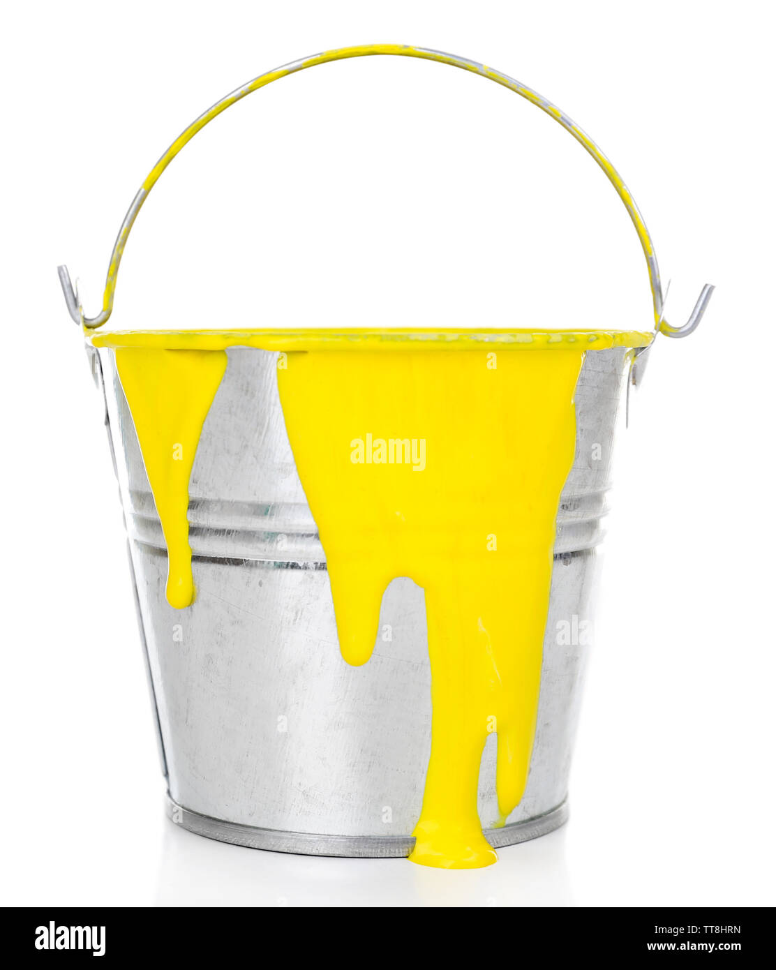 Bucket of yellow paint isolated on white Stock Photo - Alamy