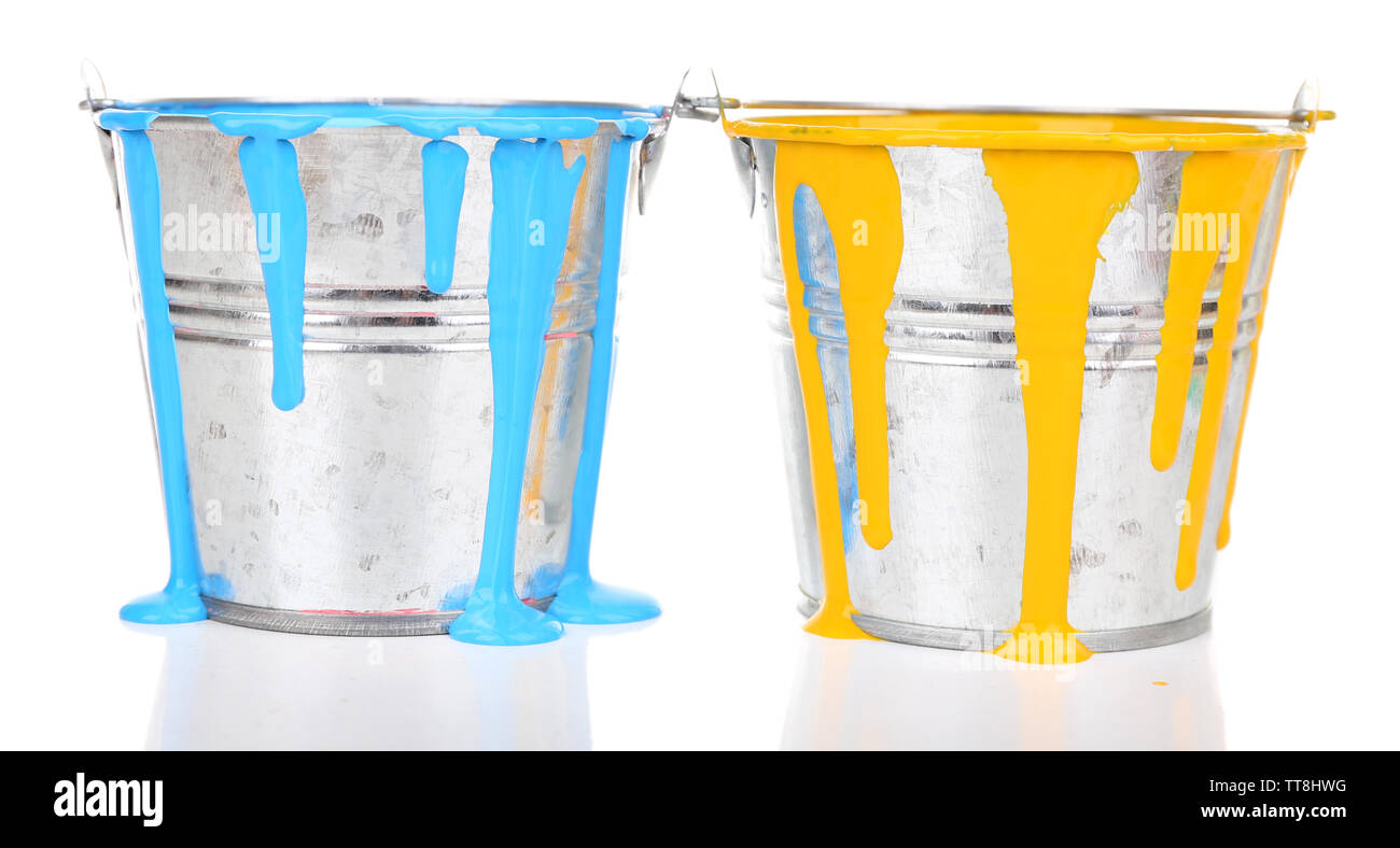 Buckets of paints isolated on white Stock Photo - Alamy