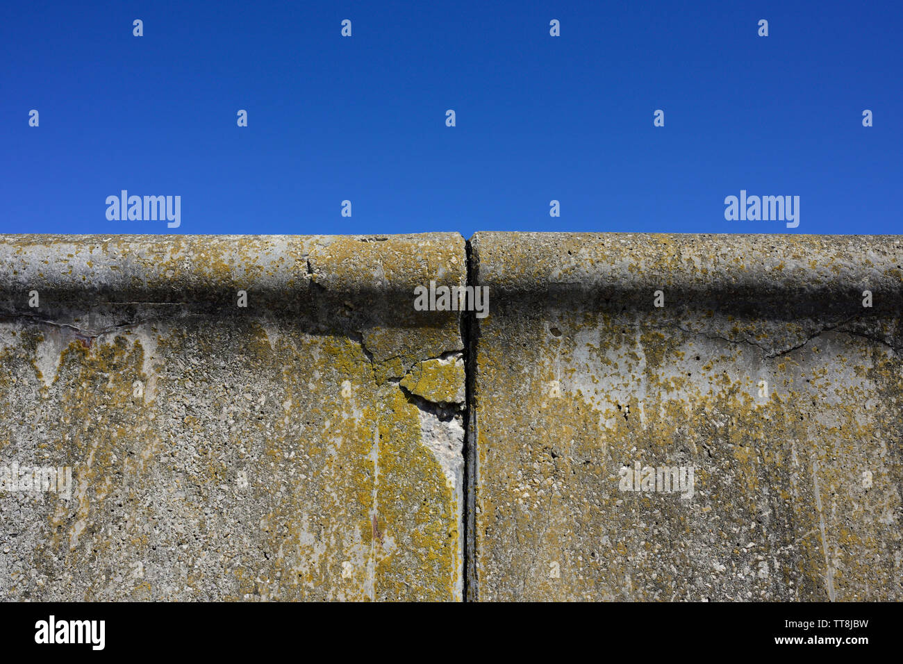 Damaged precast concrete seawall panel, crack at expansion joint, algal ...