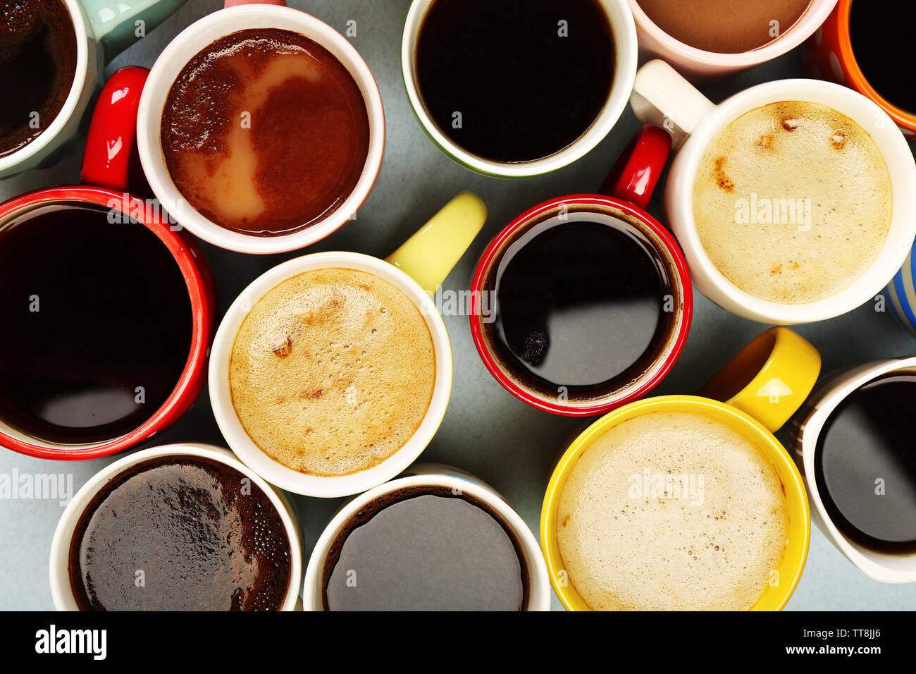 Many cups of coffee, top view Stock Photo - Alamy