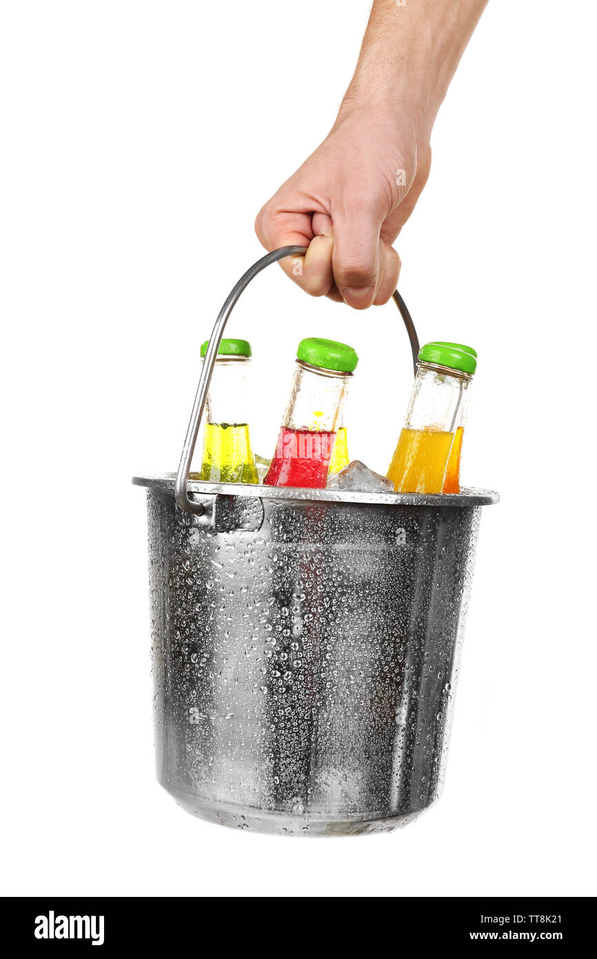 Female hand with metal bucket of alcoholic cocktails isolated on white ...