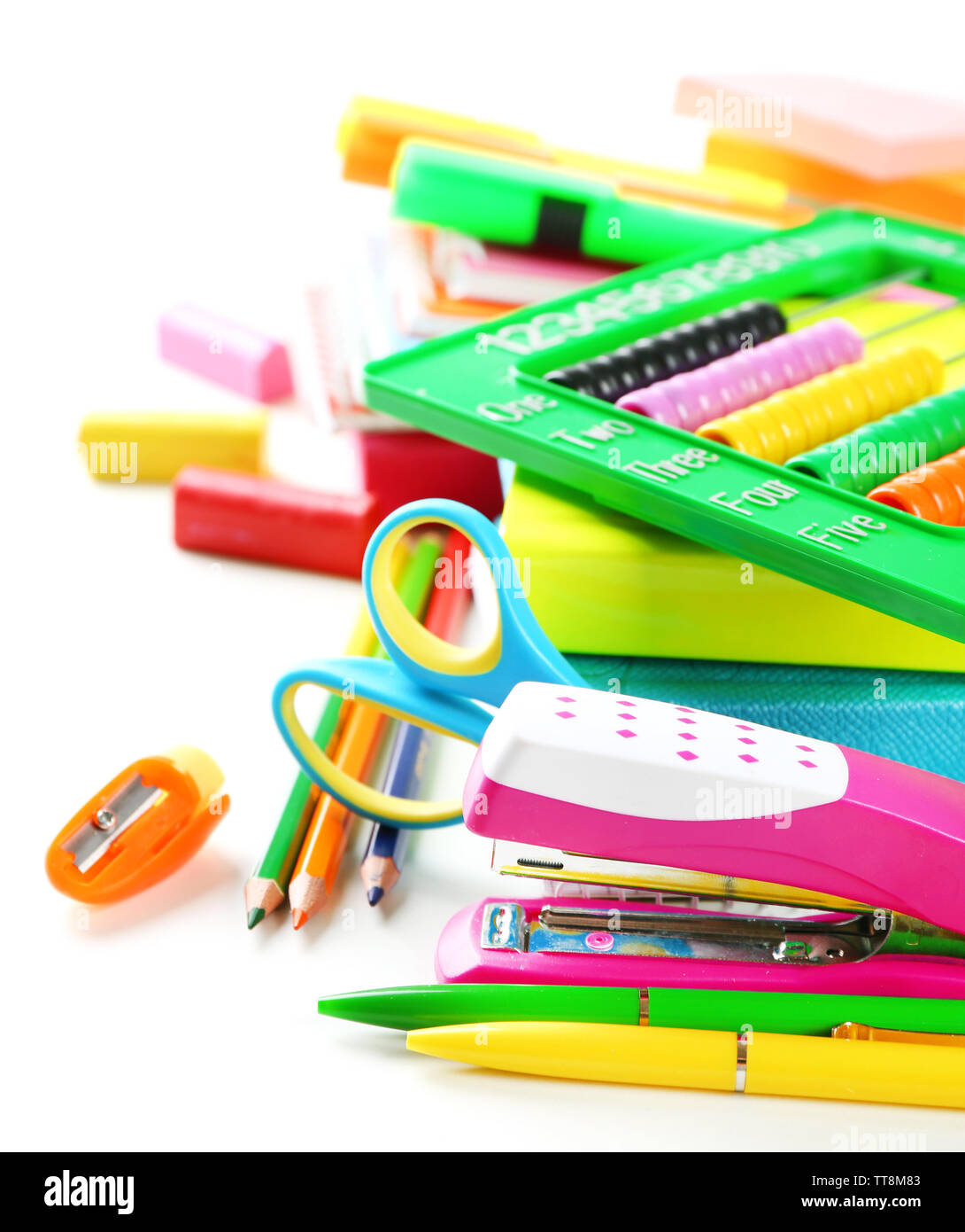 Bright school stationery, isolated on white Stock Photo - Alamy