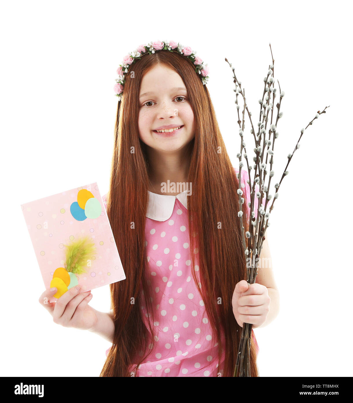 Beautiful little girl with pussy-willow branches and postcard, isolated ...
