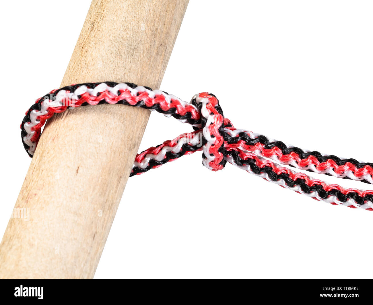 another side of slipped overhand knot tied on synthetic rope cut out on ...