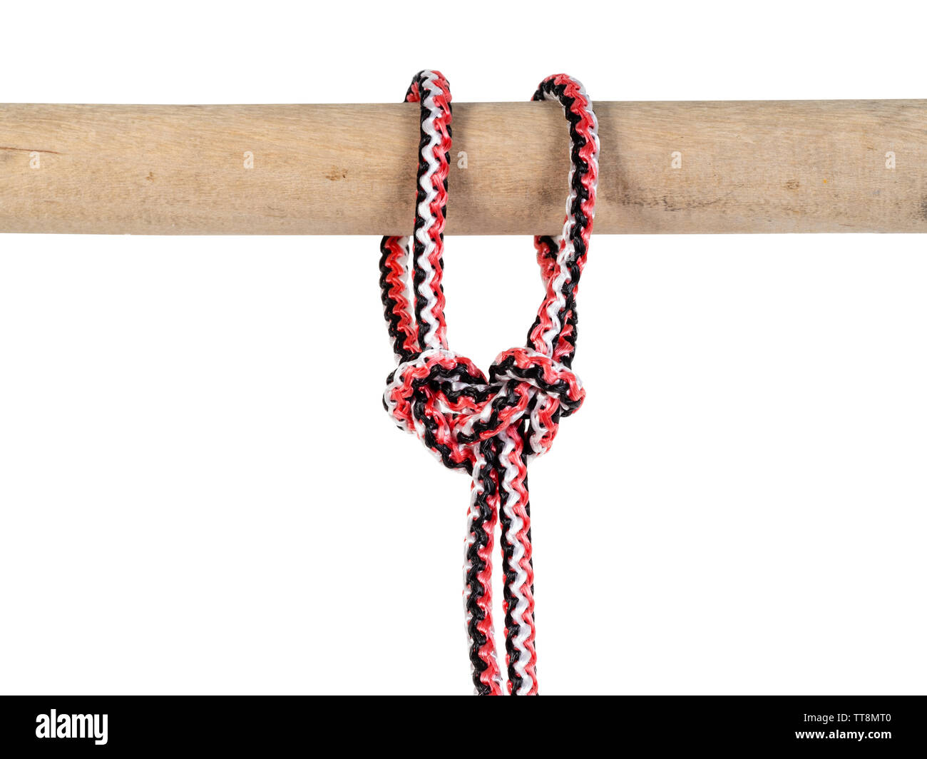 spanish bowline knot tied on synthetic rope cut out on white background ...
