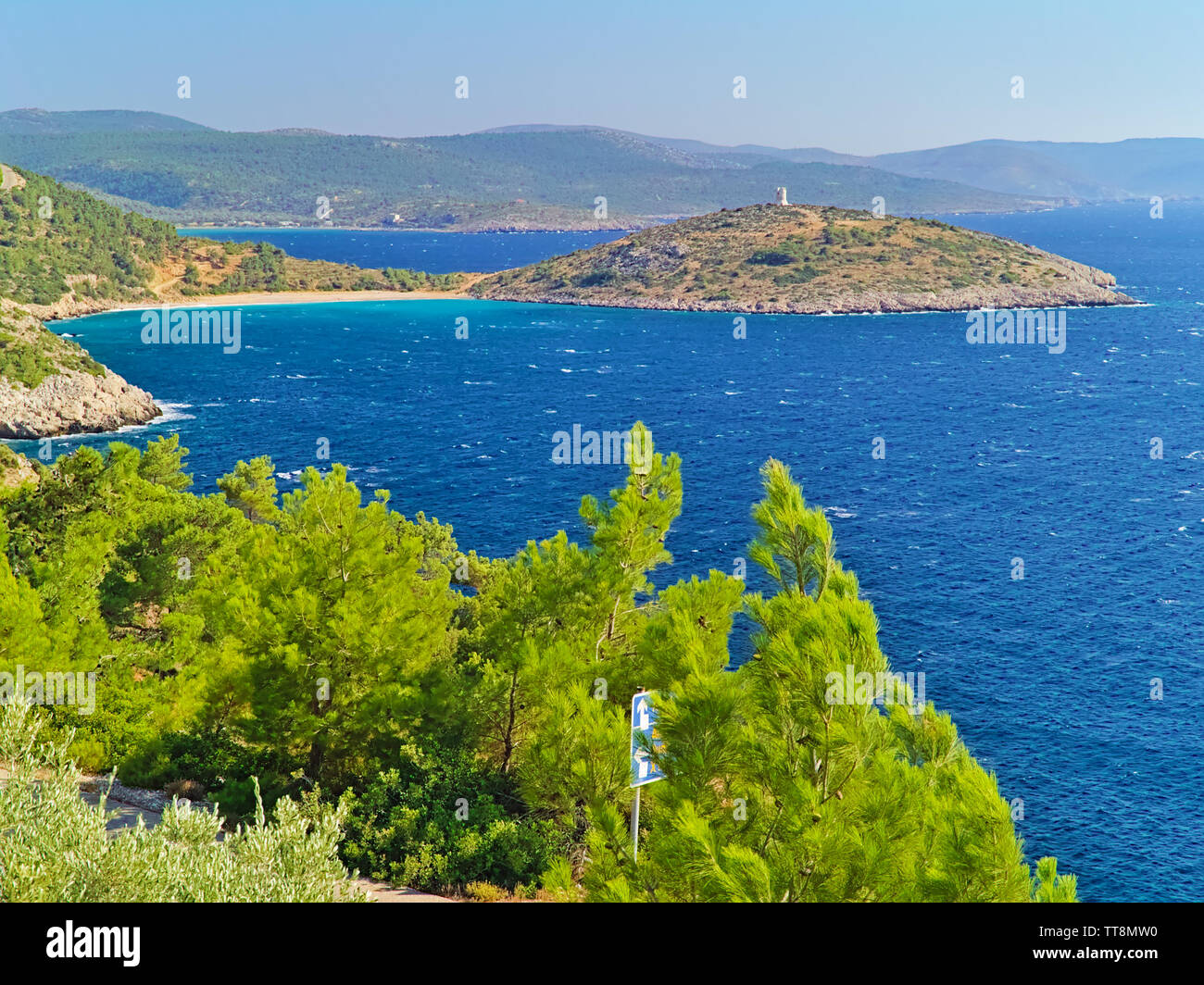 View from above, cape with stone watchtower in Chios island Greece ...