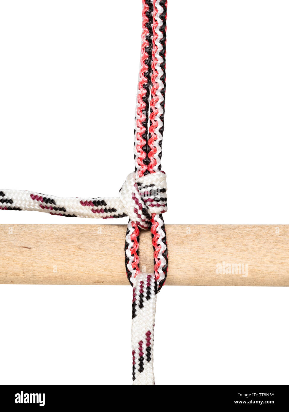 rolling hitch knot tied on synthetic rope cut out on white background ...