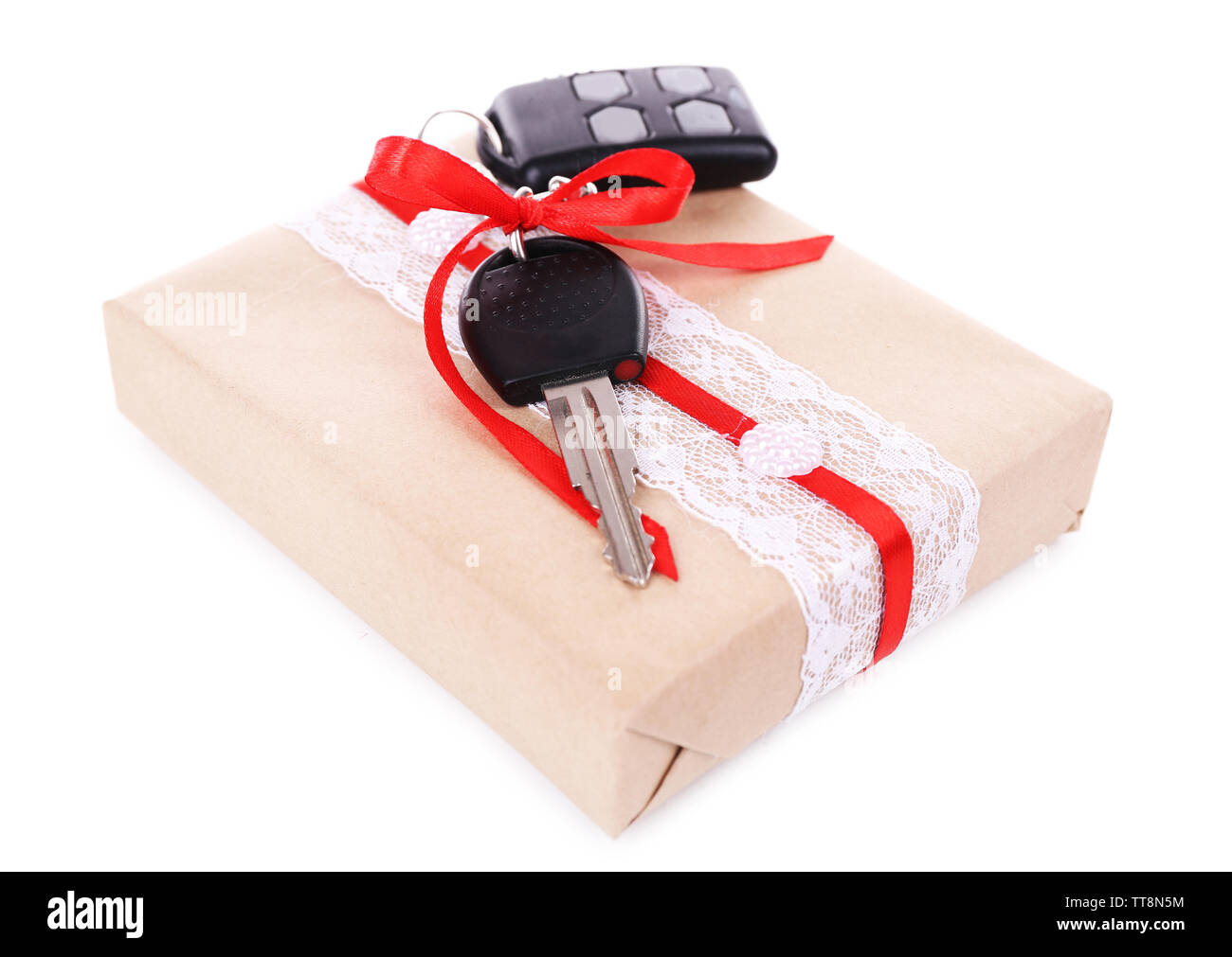 Car keys with red bow on present box isolated on white Stock Photo - Alamy