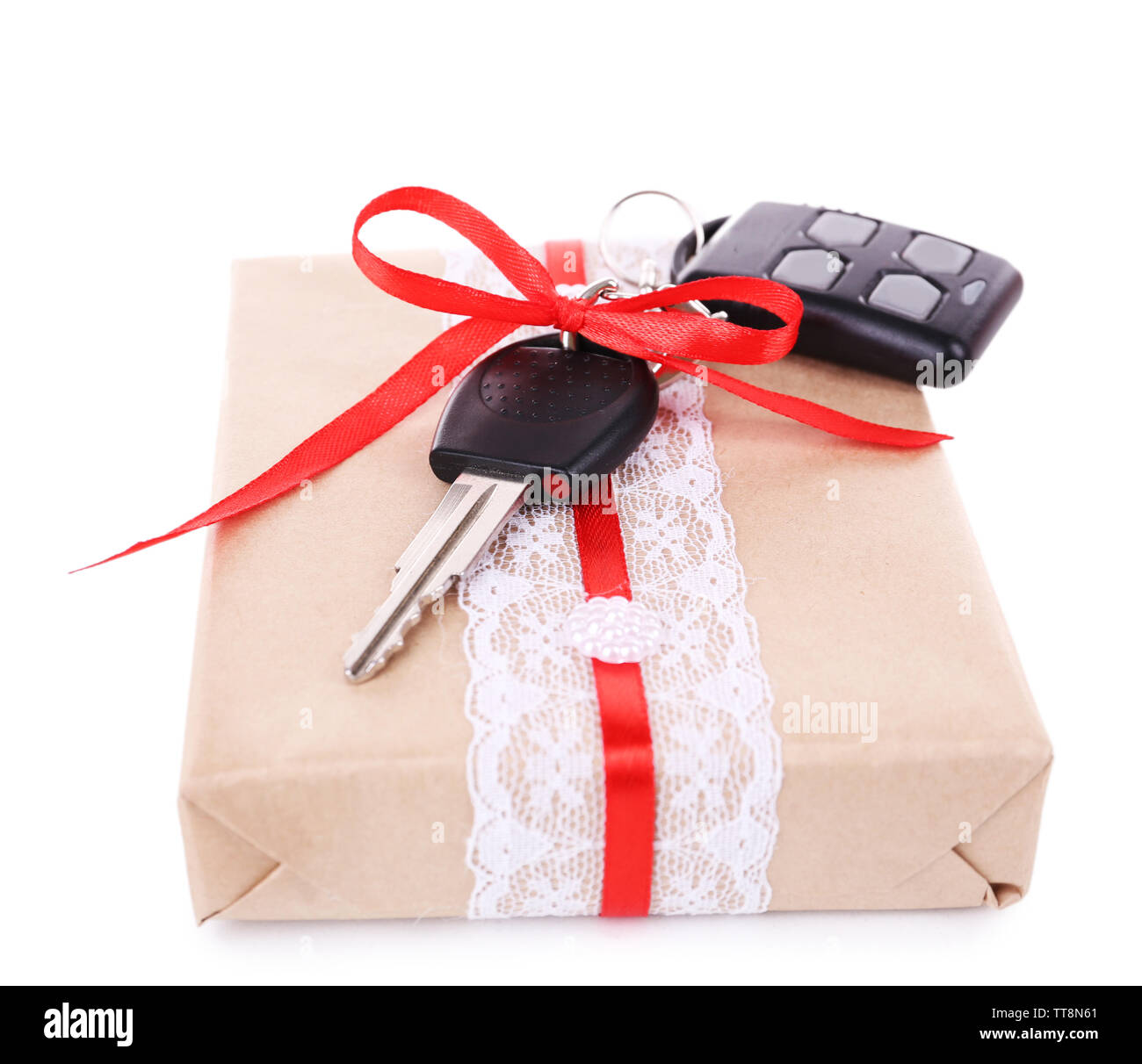 Car keys with red bow on present box isolated on white Stock Photo - Alamy