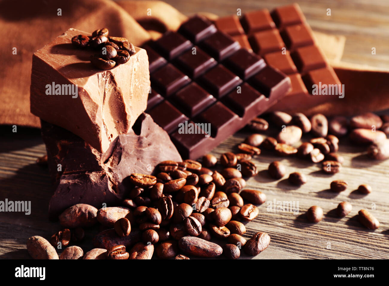 Still life with set of chocolate with coffee grains, closeup Stock ...