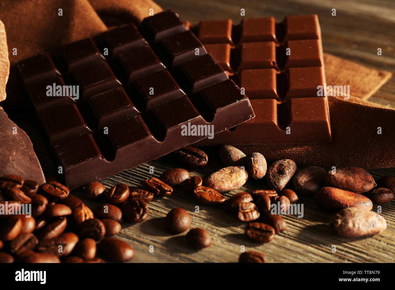 Still life with set of chocolate with coffee grains, closeup Stock ...