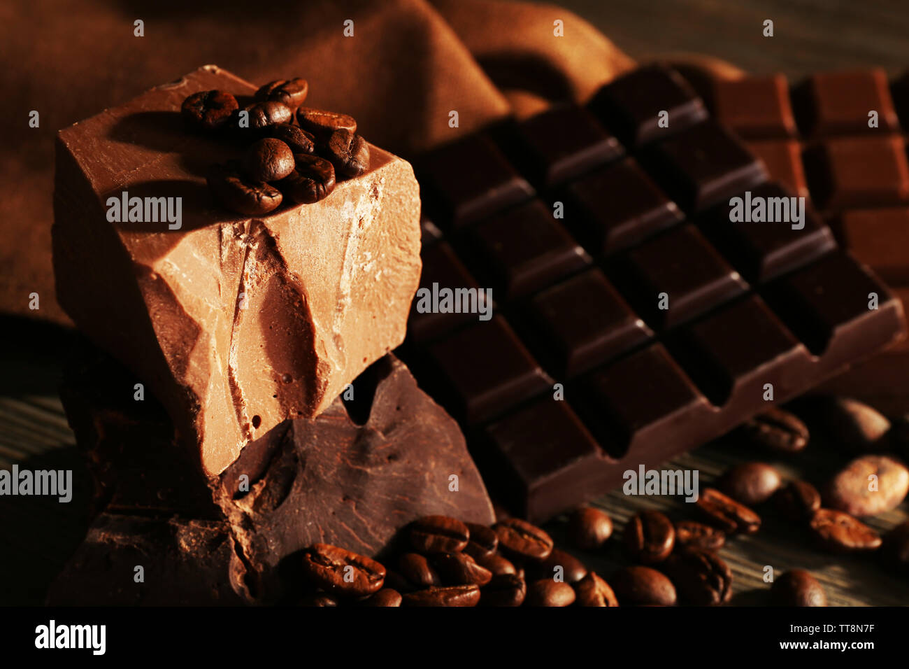 Still life with set of chocolate with coffee grains, closeup Stock ...