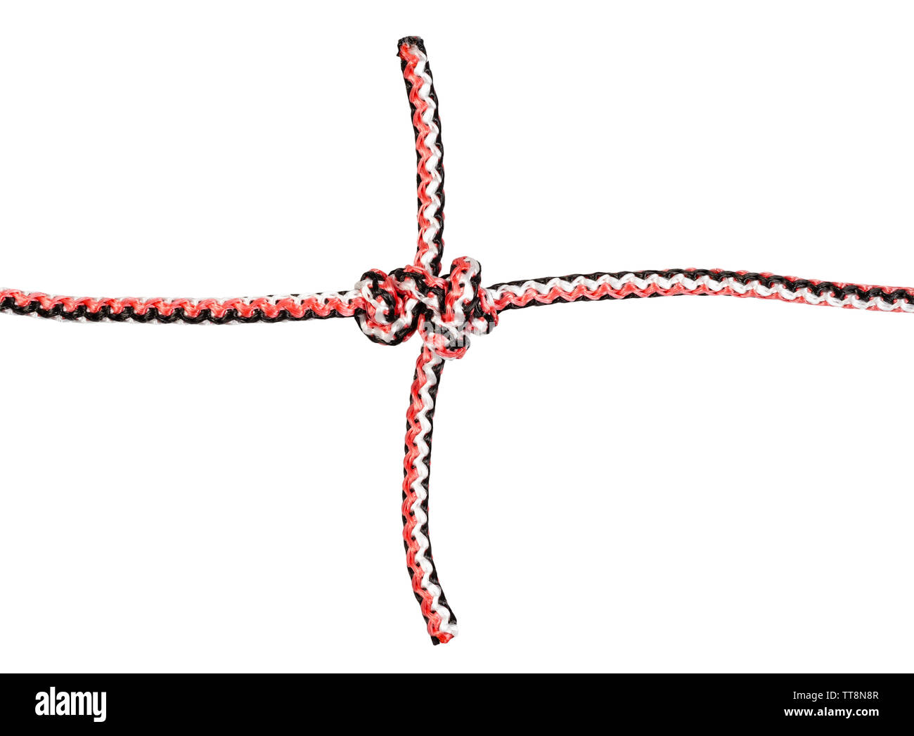 barrel knot (blood knot) tied on synthetic rope cut out on white ...