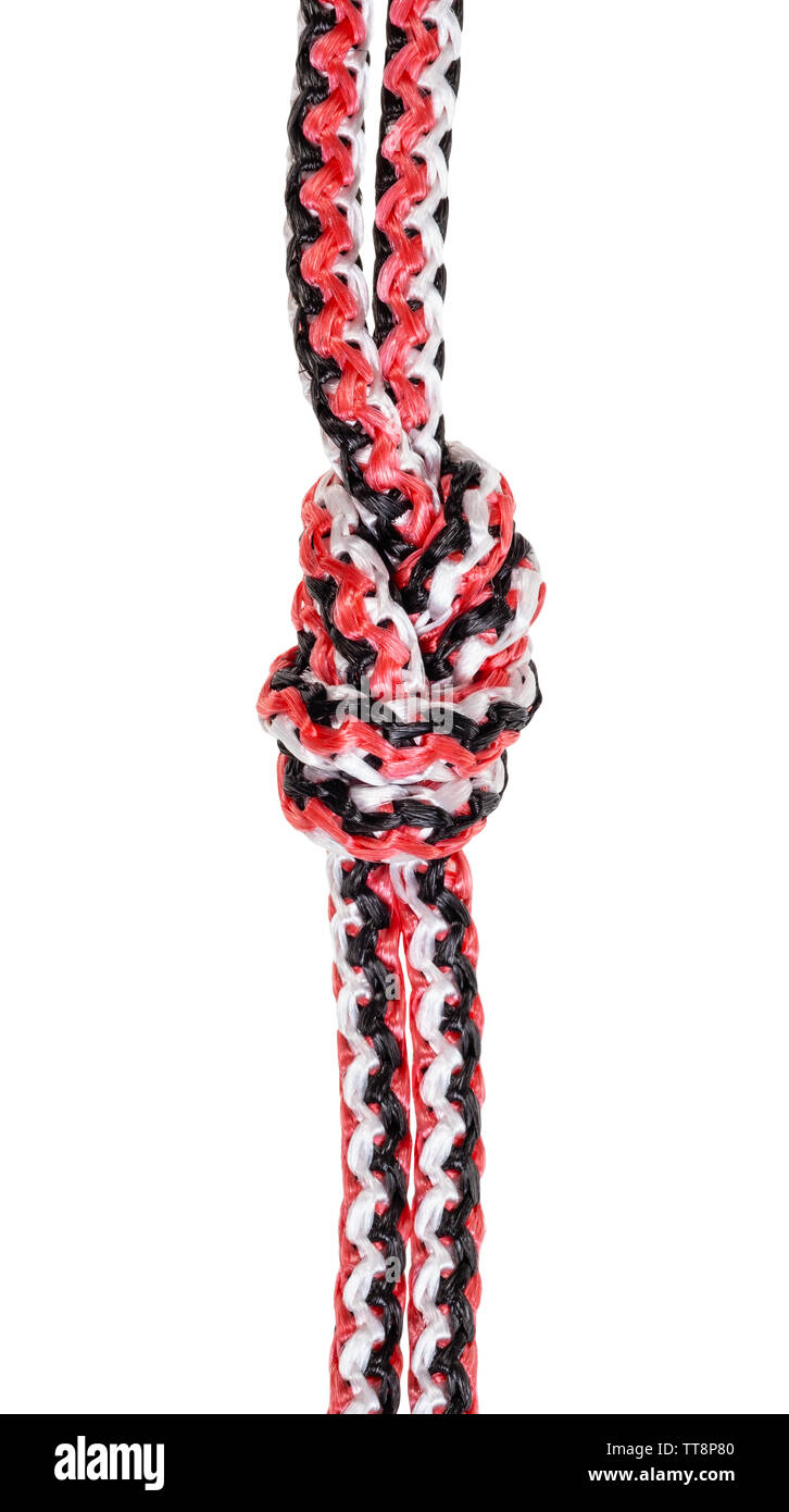 Flemish bend knot tied on synthetic rope cut out on white background ...