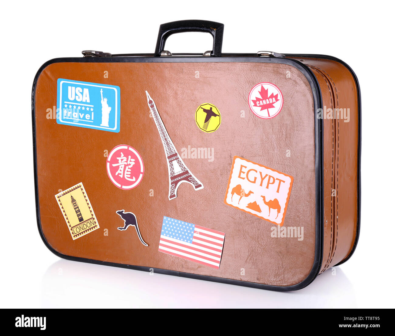 Suitcase with stickers isolated on white Stock Photo - Alamy