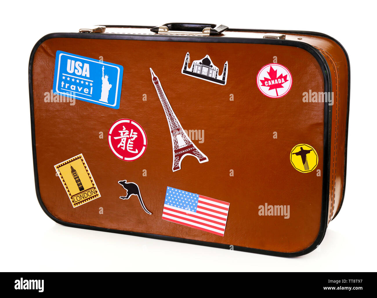 Suitcase with stickers isolated on white Stock Photo - Alamy