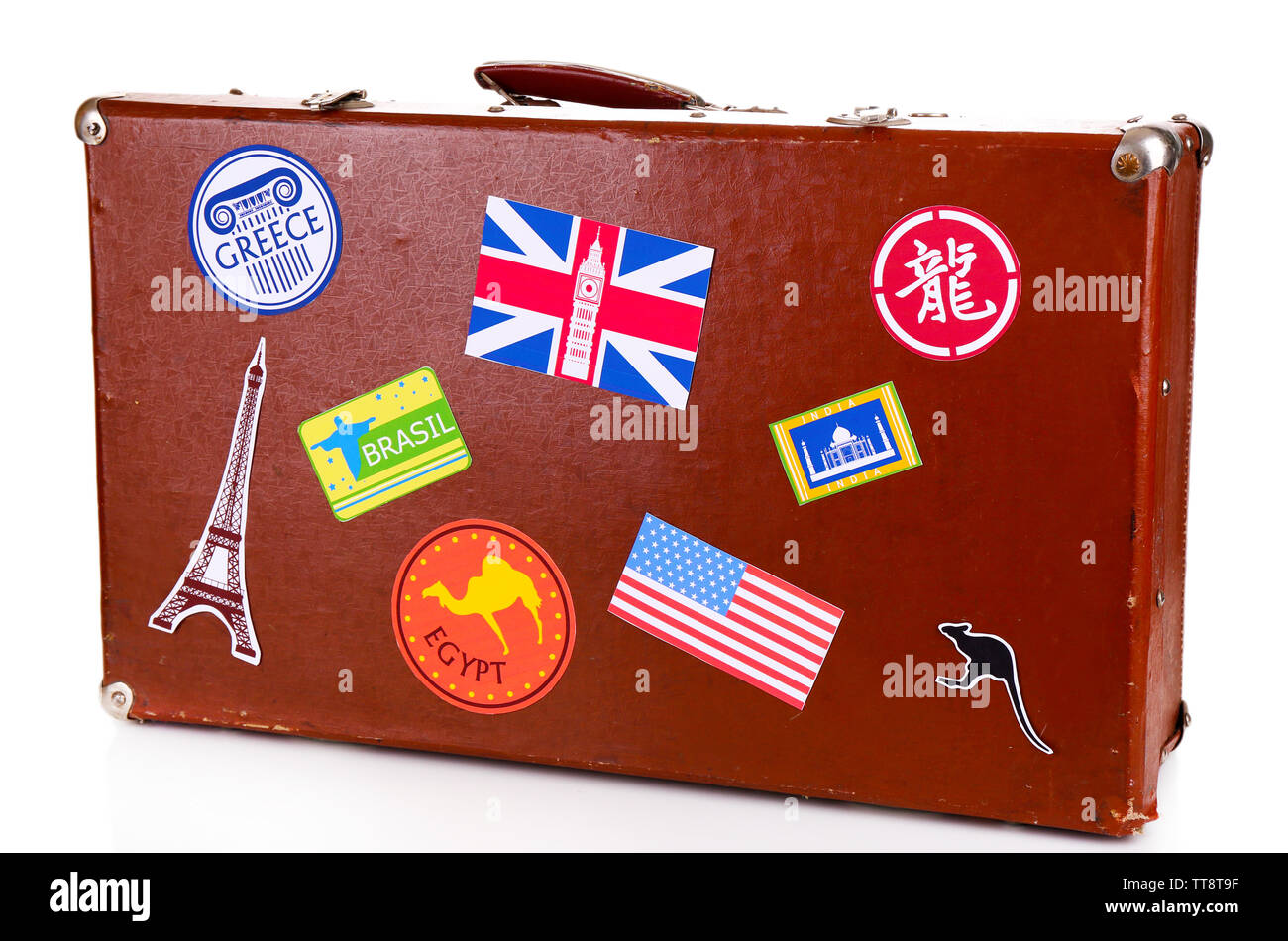 Suitcase with stickers isolated on white Stock Photo - Alamy