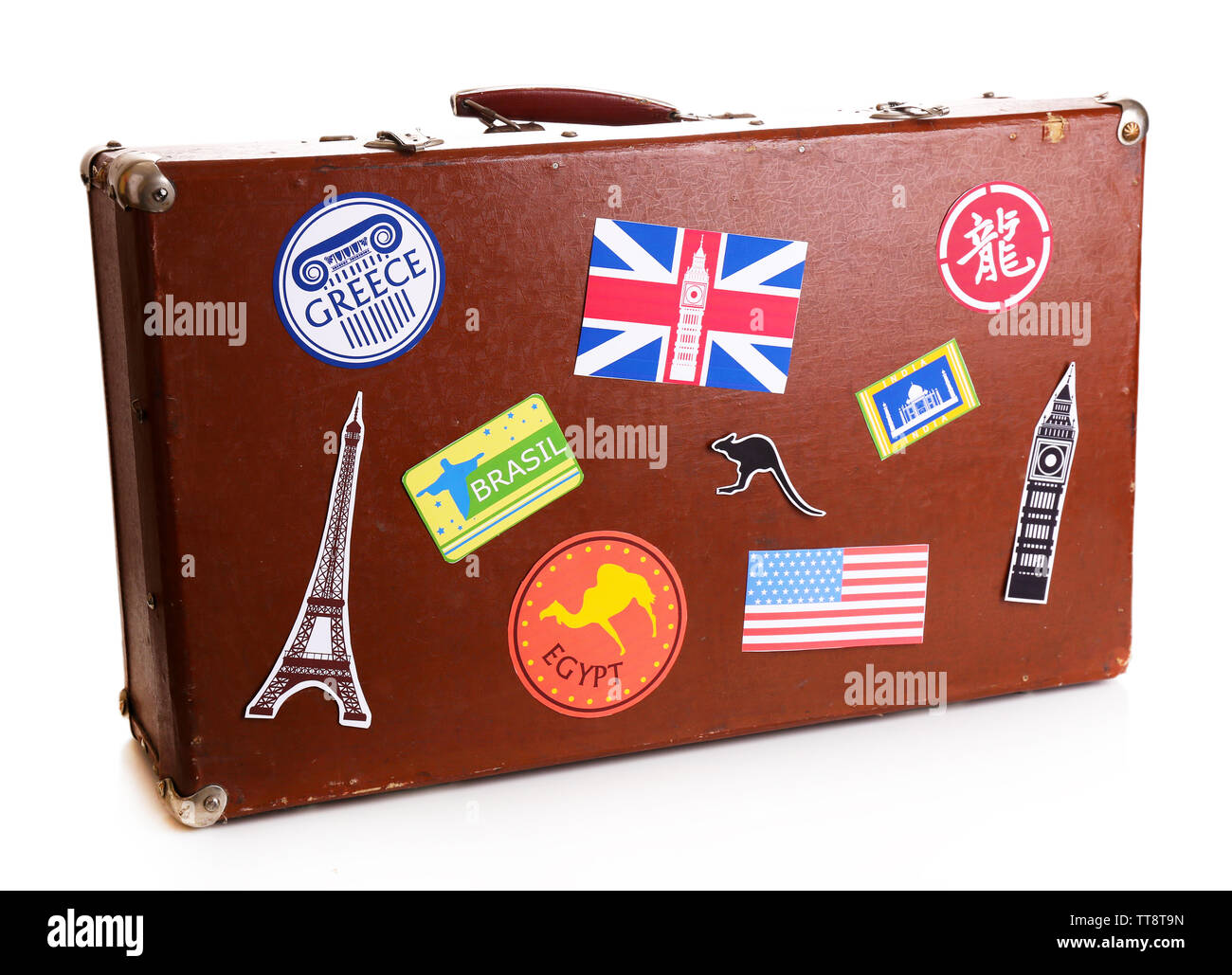 Suitcase with stickers isolated on white Stock Photo - Alamy