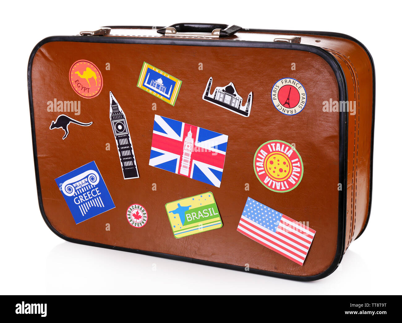 Suitcase with stickers isolated on white Stock Photo - Alamy